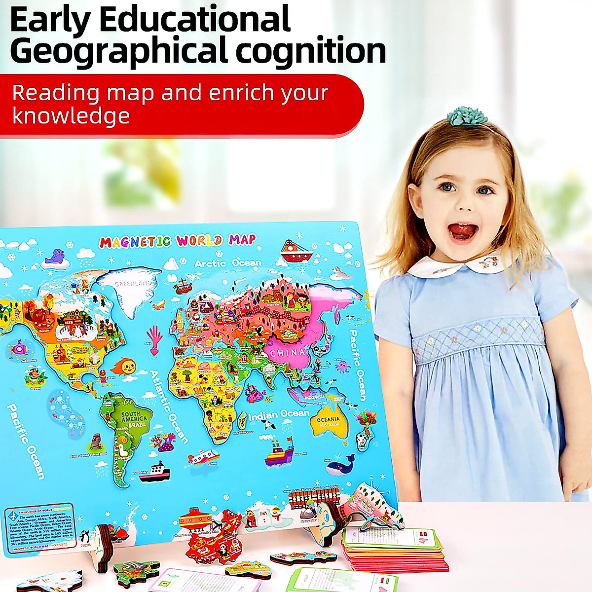 ExBePe Genuine Magnetic Wooden World Map Puzzle,92 Country Flash Cards,National Flags Introduction,Preschool Learning Education Geography Toy for Kid Ages 3+