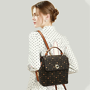 NC FOXER Small Backpack for Women, PVC Artificial Leather Signature Pattern Ladies Crossbody Bags with 2 Adjustable Shoulder Strap (brown)