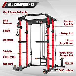 Major Fitness Power Cage, PLM03 All-in-One 1400lbs Multi-Function Power Rack with Adjustable Cable Crossover System and Exercise Machine Attachment(Red)