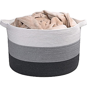 Handmade Large Cotton Rope Storage Basket, Laundry Hamper for Nursery, Woven Rope Laundry Hamper, 87L Laundry Basket for Blankets, Cotton Rope Basket with Handles, Clothes Organizer Grey & White