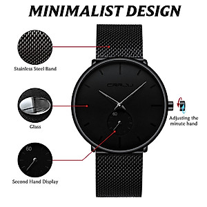 Mens Watches Ultra-thin Minimalist Waterproof-Fashion Wrist Watch for Men Unisex Dress with Stainless Steel Mesh Band-Black Hands