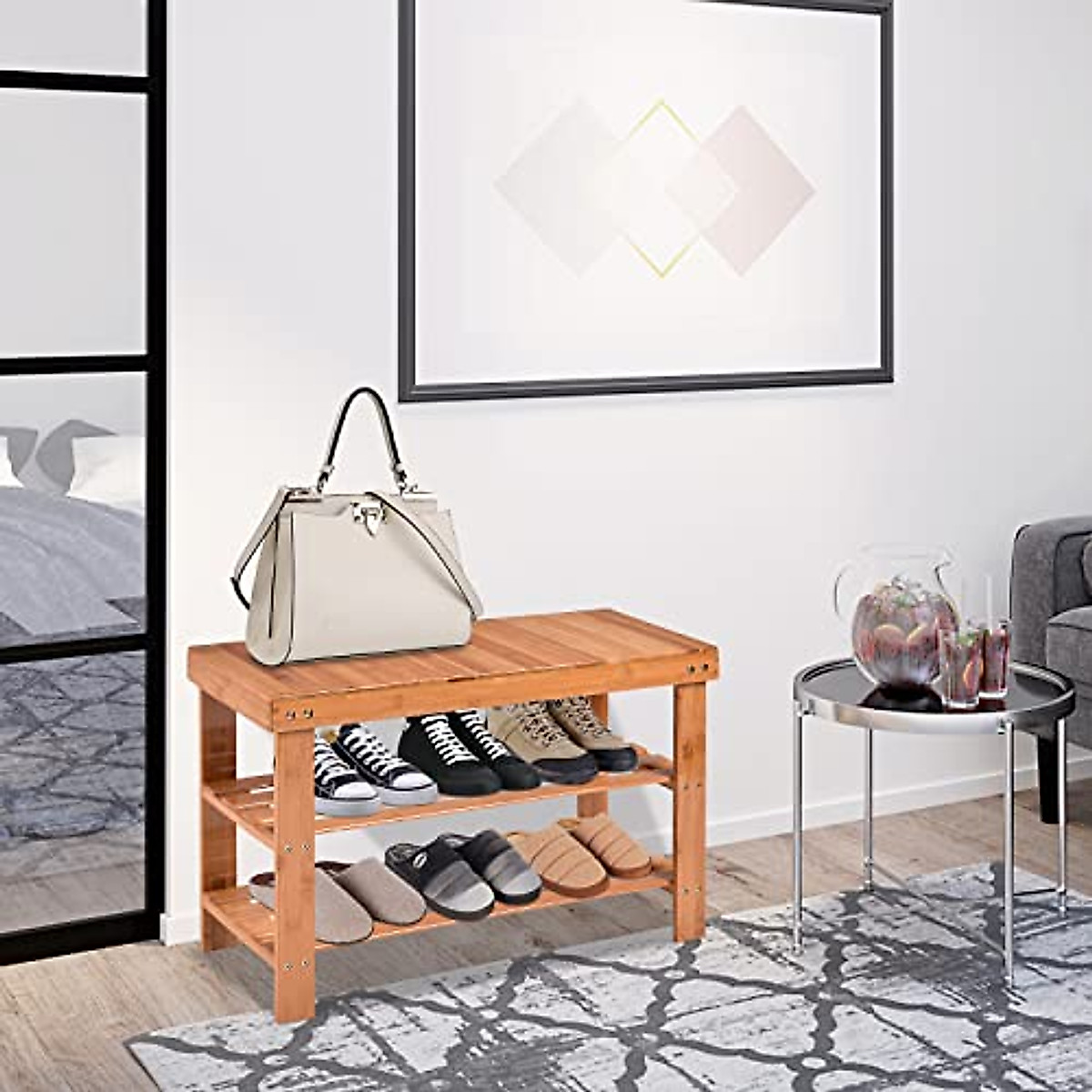 COSTWAY Bamboo Shoe Rack Bench 3-Tier Free Standing Wood Shoe Storage Organizer Shelf Holder Home Entryway Hallway Furniture Eco-Friendly (Natural)