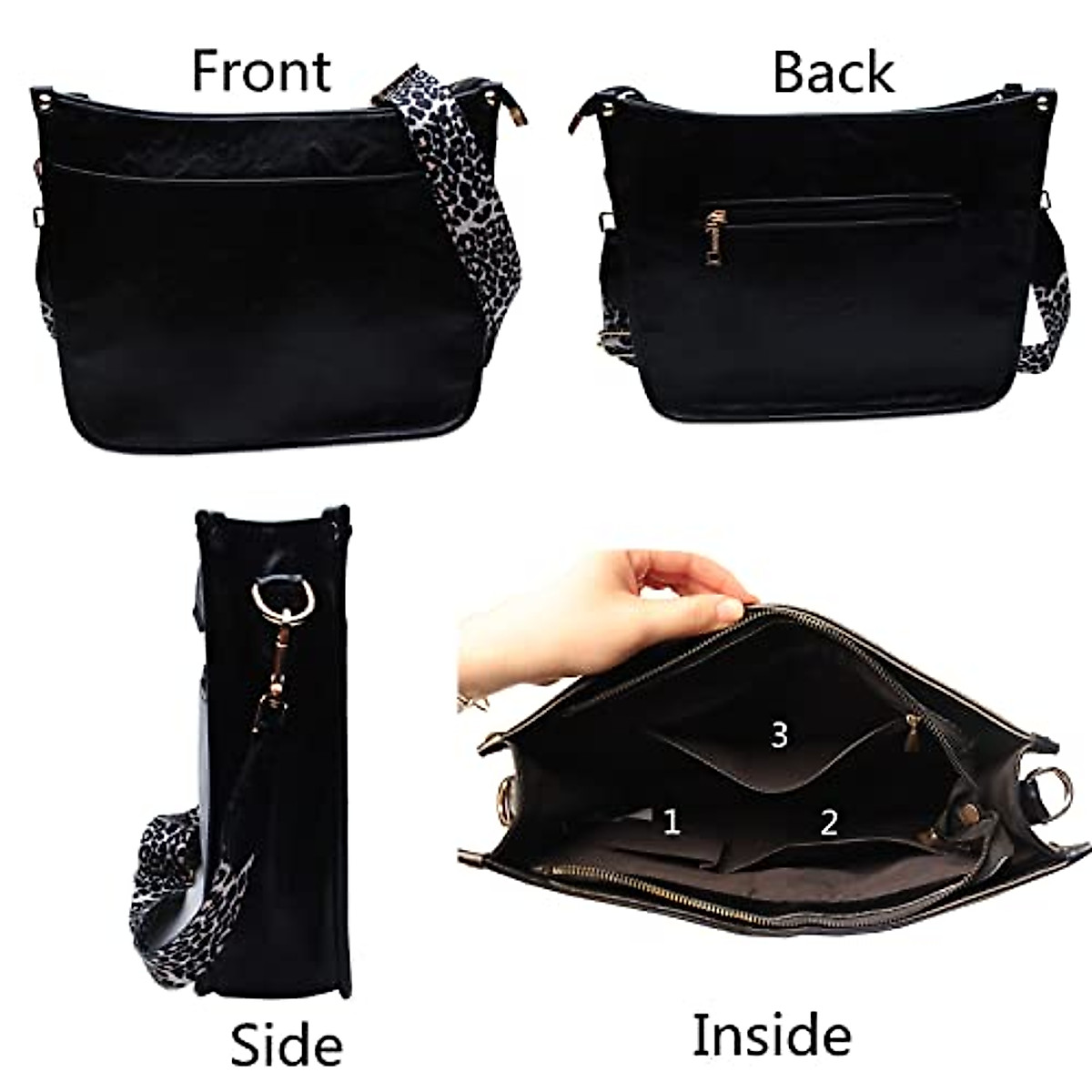 Vegan Leather Crossbody Bags for Women- Medium Size Hobo Zipped Pockets Cross-body Purse with Adjustable Leopard Strap（black）