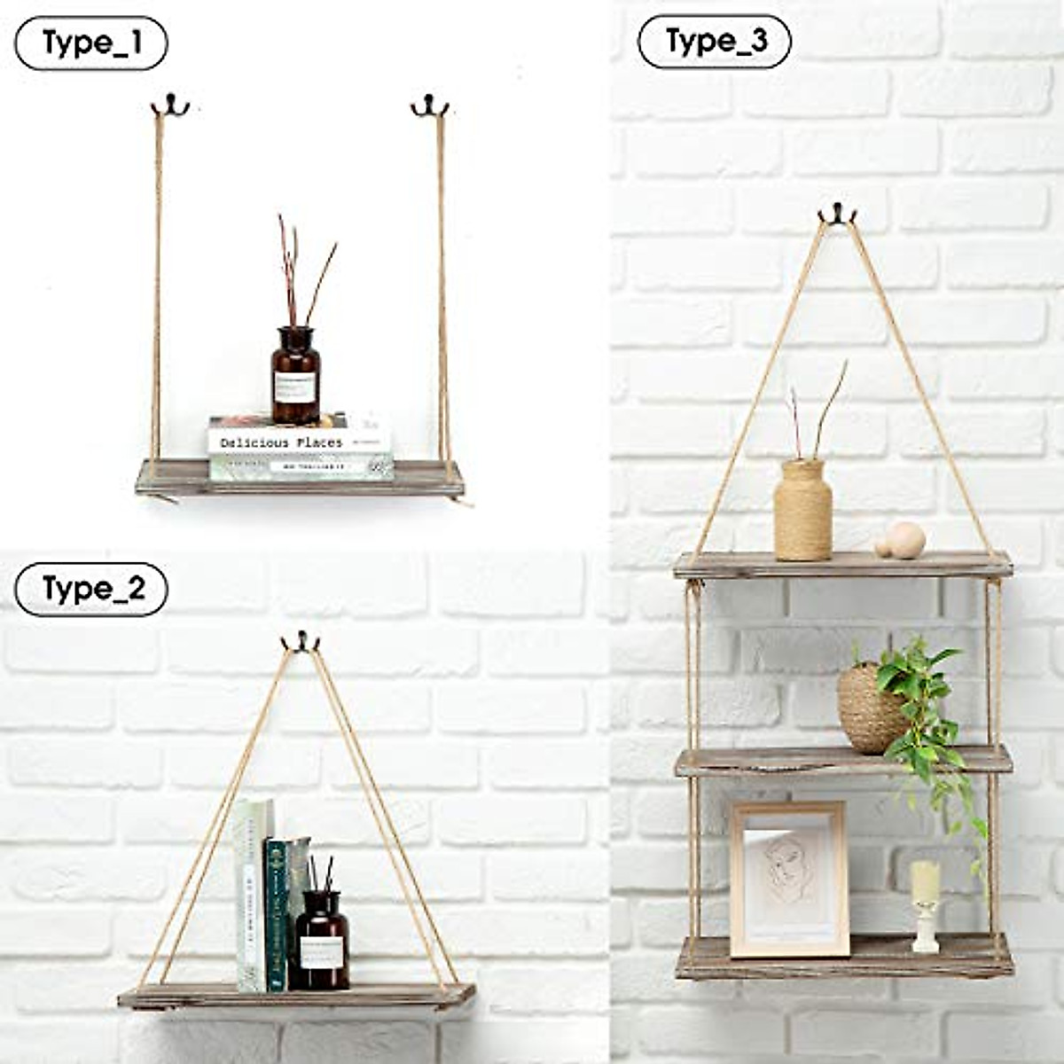 J JACKCUBE DESIGN Hanging Shelves Wall Plant Shelf Floating Shelves with Rope for Bedroom Bathroom Living Room Farmhouse Boho Room Decor, Triangle Rope Rustic Wood Display Shelf(Set of 2) - MK555AA