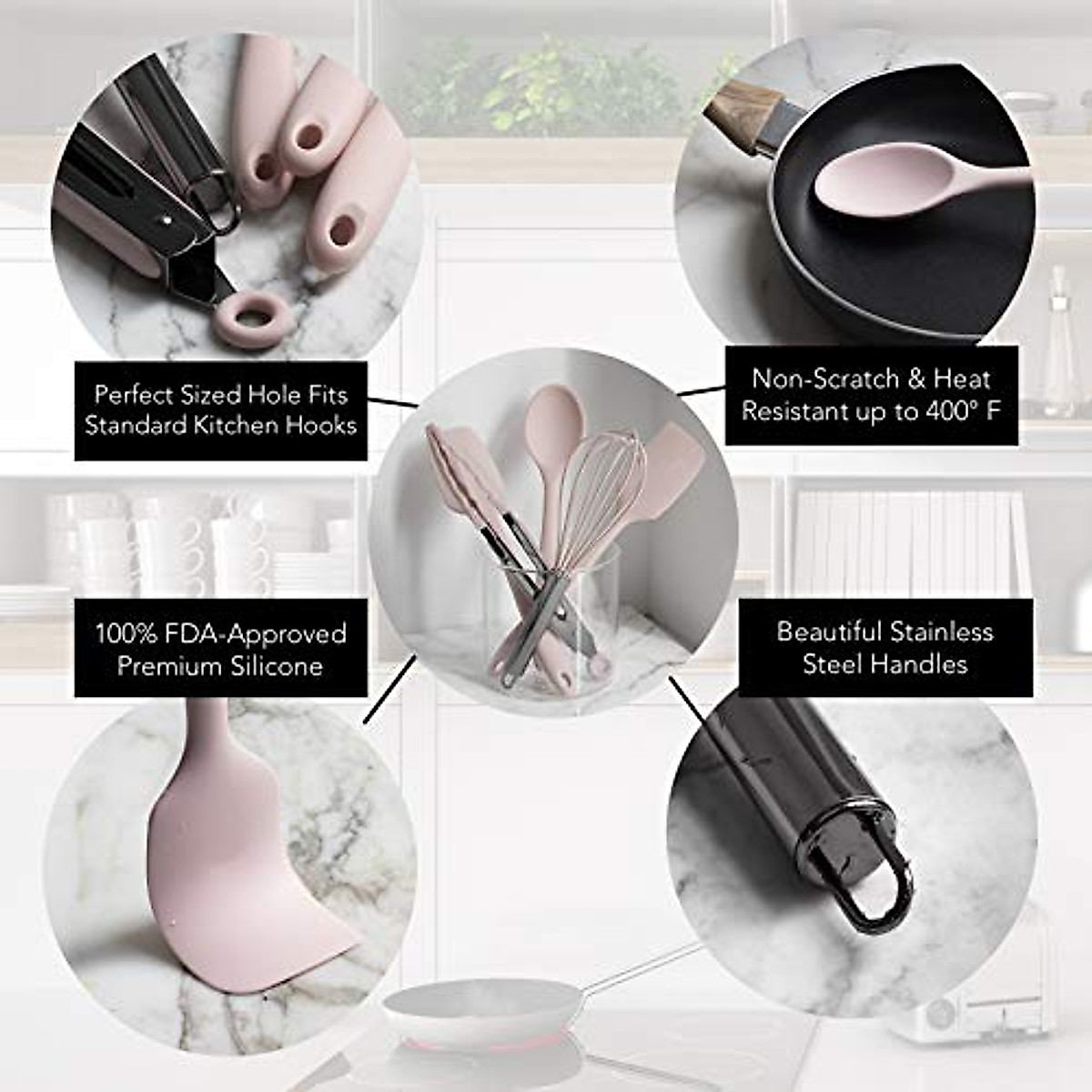 Country Kitchen Set of Five Pink and Gunmetal Silicone MINI Kitchen Utensil Set