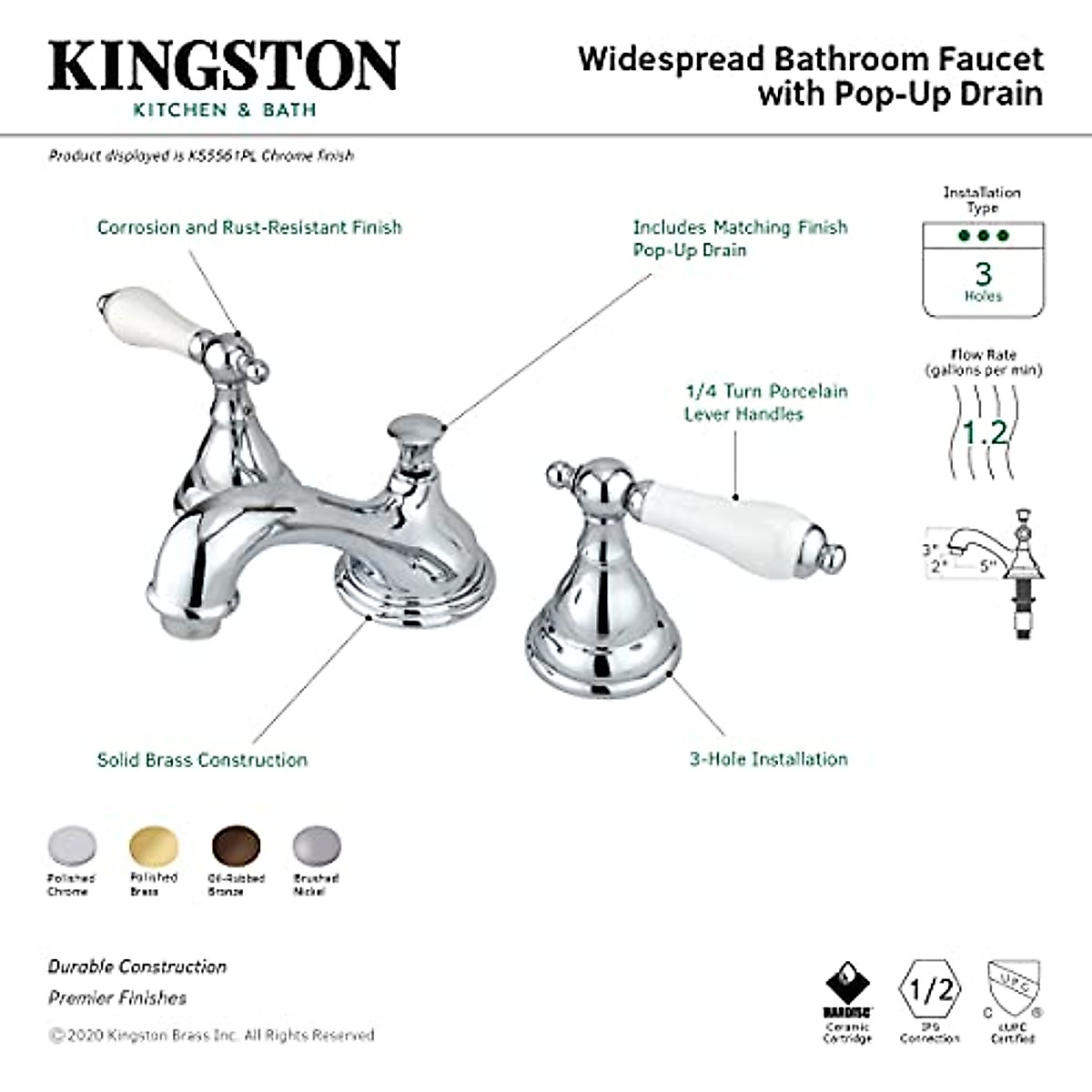 Kingston Brass KS5568PL Widespread Lavatory Faucet with Porcelain Lever Handle, 4-3/4", Brushed Nickel