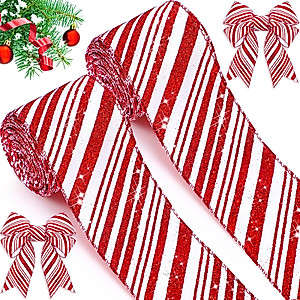2 Rolls 20 Yards Red and White Striped Ribbons, 2.5 Inch Wide - Candy Cane Glitter Ribbons for Christmas Tree and Gift Wrapping