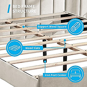 Mjkone Velvet Upholstered Platform Bed Frame, Bed Frame with Oversized Wingback Headboard, Wood Strips Support/No Box Spring Needed/Easy Assembly (Beige,California King)