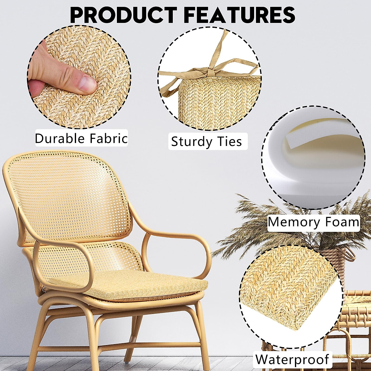 Outdoor Chair Cushions, 19x15.5 Inch Indoor Chair Pads with Ties Waterproof Seat Pads Fade Resistant Square Memory Foam Patio Chair Cushion for Garden Patio Furniture Chair Home Office Set of 2