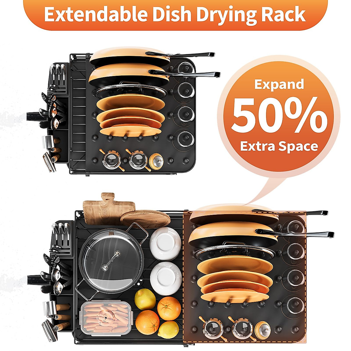 Urackify Extendable Dish Drying Rack for Kitchen Counter, Expandable Dish Rack with Plates, Glasses, Mugs, Drainboard, Pans & Pots Holder, Multifunctional Dish Dryer Drainer with 360° Swivel Spout