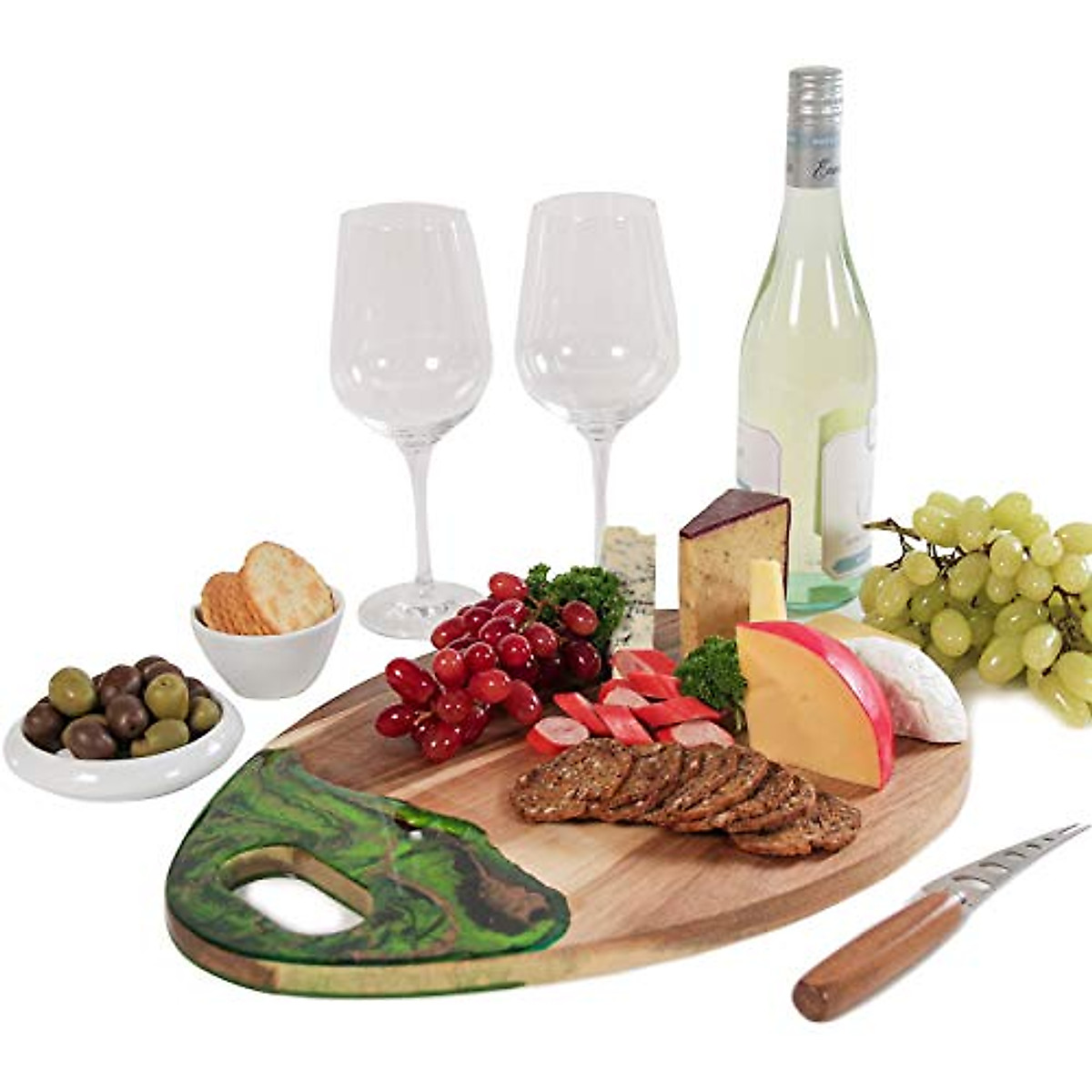 Wood Cheese Board and Knife Set, Large Cutting Board,16" x 12", Charcuterie board, Handmade Forest Resin decorated Tear Drop shape… (Forest)