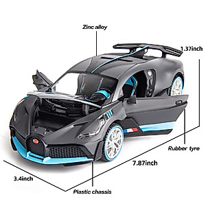 WAKAKAC 1/24 Bugatti Divo Model Car Alloy Diecast Pull Back Toy Vehicle with Light and Music Supercar Toys for Toddlers Kids Children Gift (Gray)