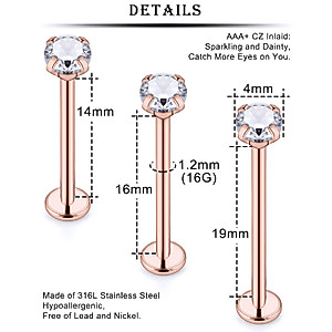 Kridzisw 16G Gold Cheek Piercing Jewelry 316L Stainless Surgical Steel Cheek Dimple Tongue Extra Long Lip Labret Medusa Monroe Rings Stud Barbell Bar Piercing Jewelry for Women Men 4mm 14mm 16mm 19mm