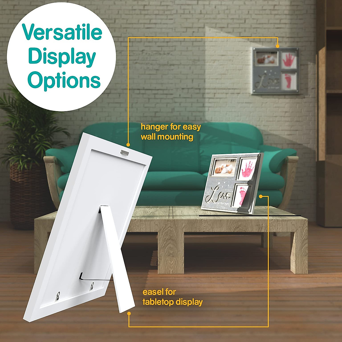 1Dino Premium Baby Handprint and Footprint Kit - 12.6” x 12.2" White/Grey Wood Picture Frame - Includes 2X Clean Touch Ink Pad Pink for Baby Hand and Footprints - Registry for Baby, Baby Shower Gifts