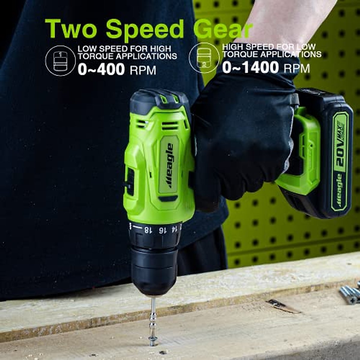 Meagle Cordless Drill, 20V Power Drill set with Battery & charger, 2 Variable Speed Electric Power Drill 18+1 Torque Setting, 3/8” Chuck with Drill Bits& Tool Bag