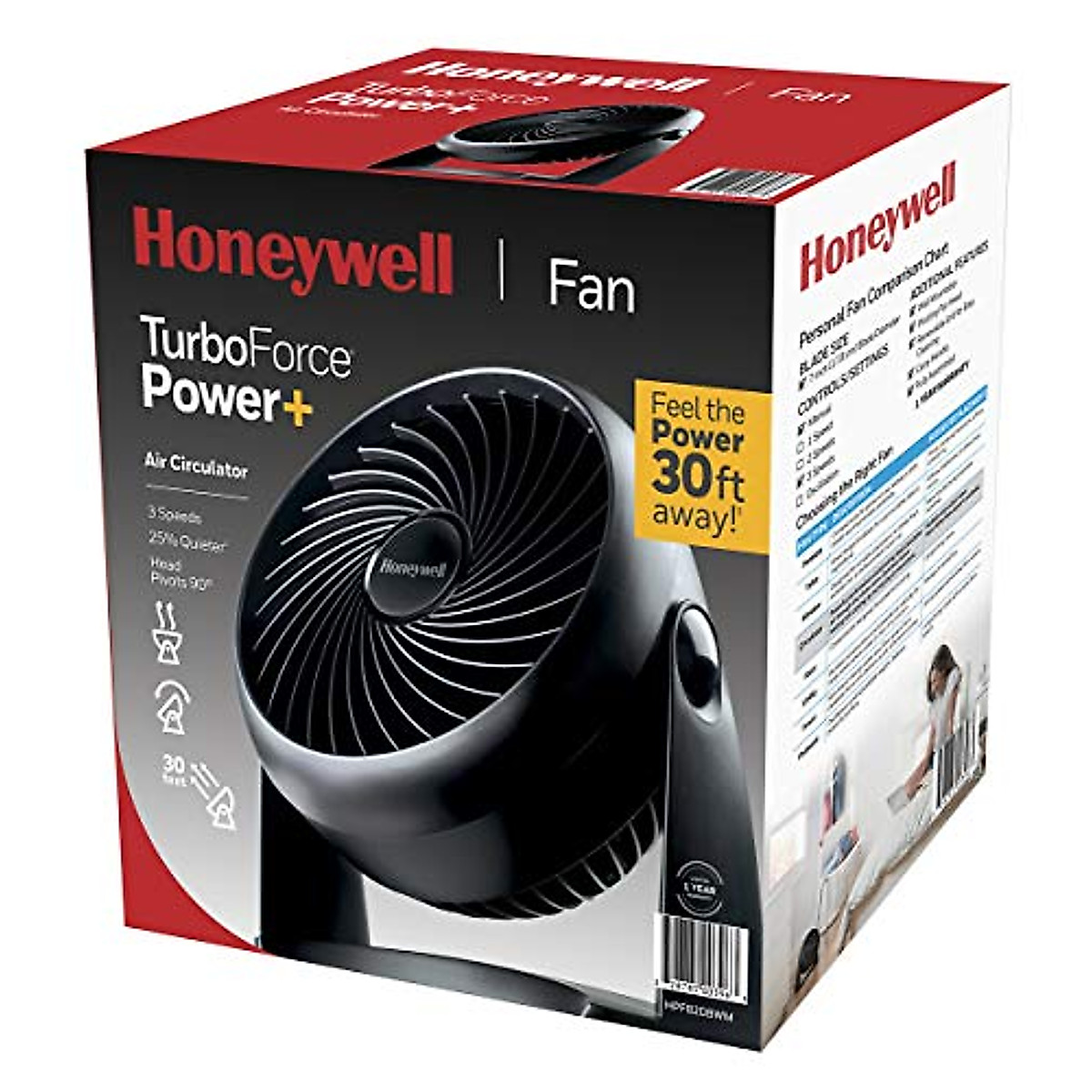 Honeywell Turbo Force Air Circulator Fan Black( HPF820BWM) | 3 Speed, Head Pivots 90 Degree, 30 Ft range, 10.91 x 6.26 x 10.91 Inches
