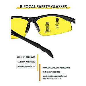 Bifocal Safety Glasses SB-9000 with Yellow Lenses, +2.50