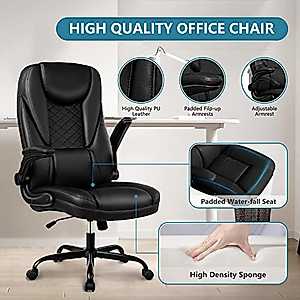 Guessky Office Chair, Executive Office Chair Big and Tall Office Chair Ergonomic Leather Chair with Adjustable Flip-Up Arms High Back Home Office Desk Chairs Computer Chair with Lumbar Support (Black)