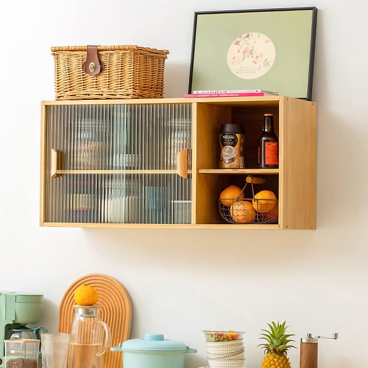 PHSP Wall Cabinet Solid Wood Storage Kitchen Condiment Dish Mounted Dining Table, Sofa Side Glass Sliding Door, 80*28*40cm