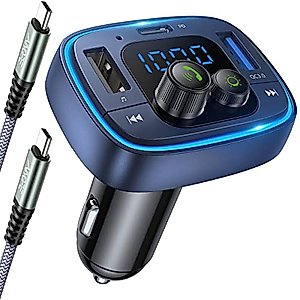 AINOPE Fm Transmitter Bluetooth Car Adapter, 36W/6A PD&QC3.0 Bluetooth Radio Transmitter Car Adapter, 7-Colors LED Backlit V5.0 Bluetooth Adapter Car, Wireless Call - Blue