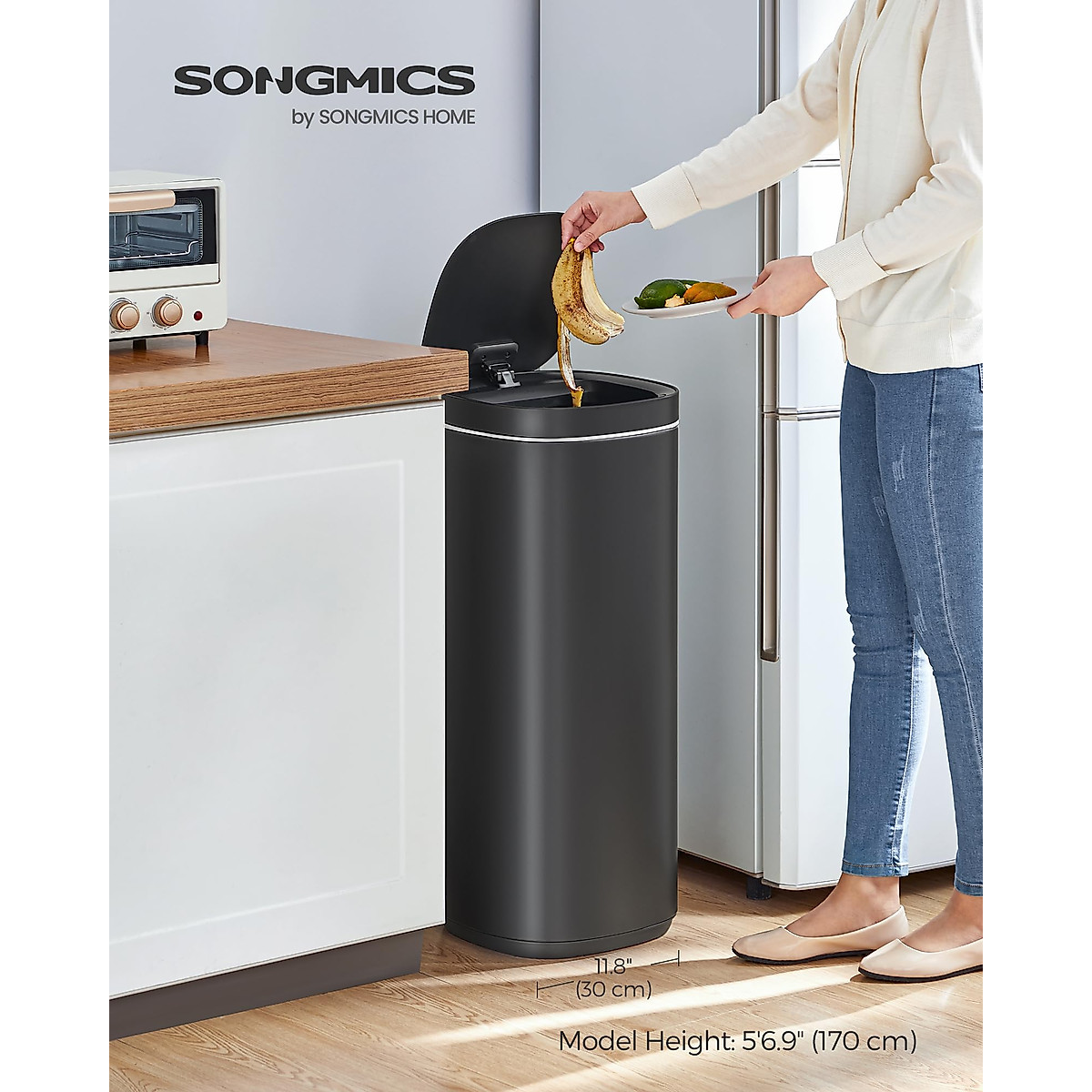 SONGMICS Motion Sensor Trash Can, 13 Gallon Automatic Kitchen Garbage Can, Multi-Colored Indicator Lights, Ozone Odor Control, Stay-Open Lid, Tall, Stainless Steel, Black ULTB620B50
