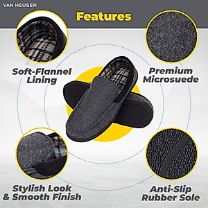 Van Heusen Mens Slippers Comfy Slip-on Micro Suede House with Softflannel Lining Moccasin, Grey, Medium