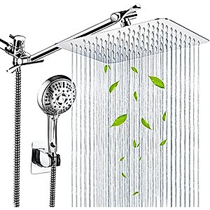 Shower Head - 8" High Pressure Rainfall Shower Head with 11" Extension Arm, 9 Settings Handheld Shower Head Combo, Anti-leak Shower Head with Holder, Height/Angle Adjustable, 1.5M House, Chrome