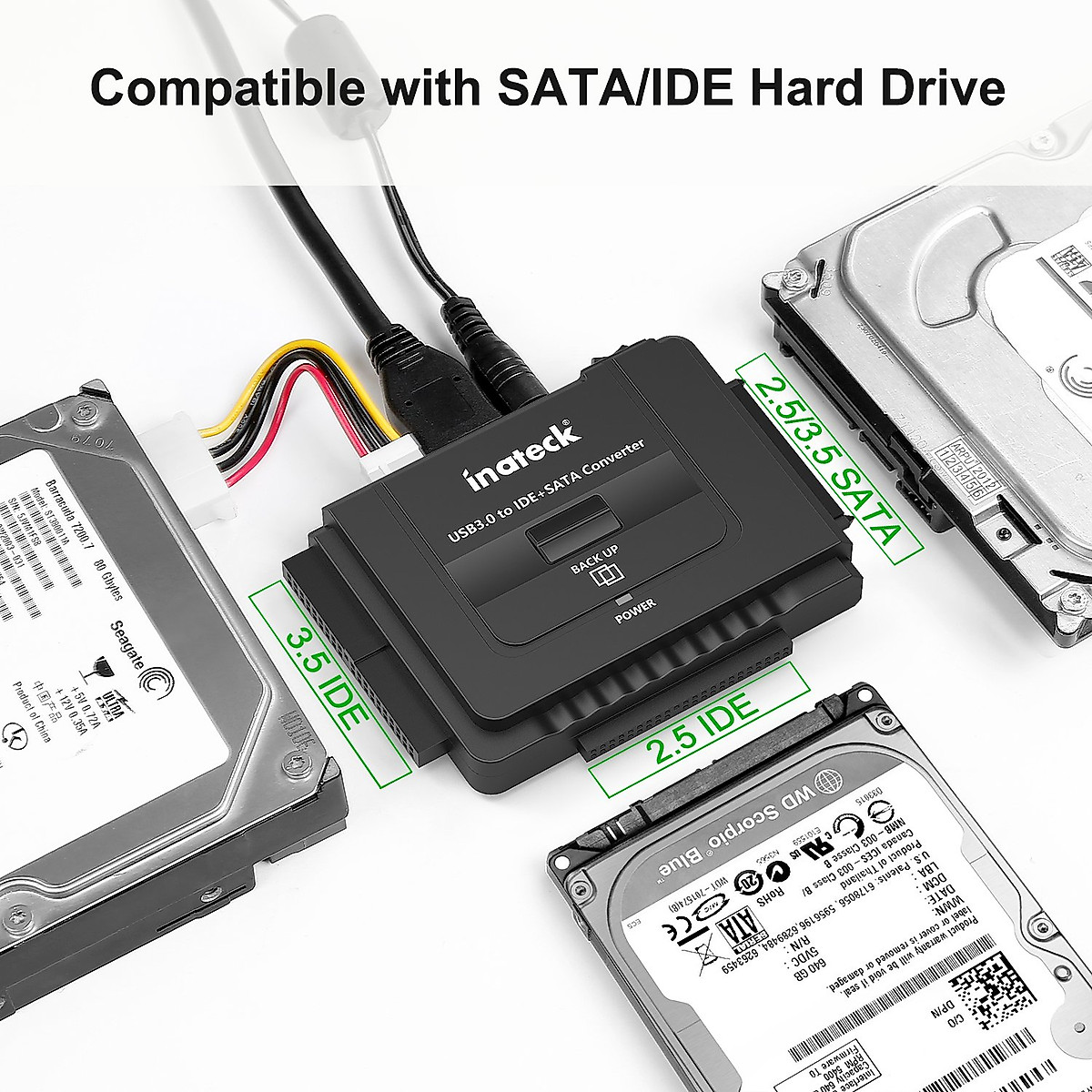 Inateck USB 3.0 to IDE/SATA External Hard Drive Reader Fit for 2.5/3.5 HDD/SSD Hard Drive Disk, IDE to USB Adapter with 12V/2A Power Supply and USB 3.0 Cable, UA2001