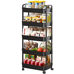 5-Tier Rolling Cart, with 360° Rolling Lockable Wheels and Handle, Multipurpose Utility Cart, Multifunctional Detachable Utility Storage Cart for Kitchen Living Room Office-Black