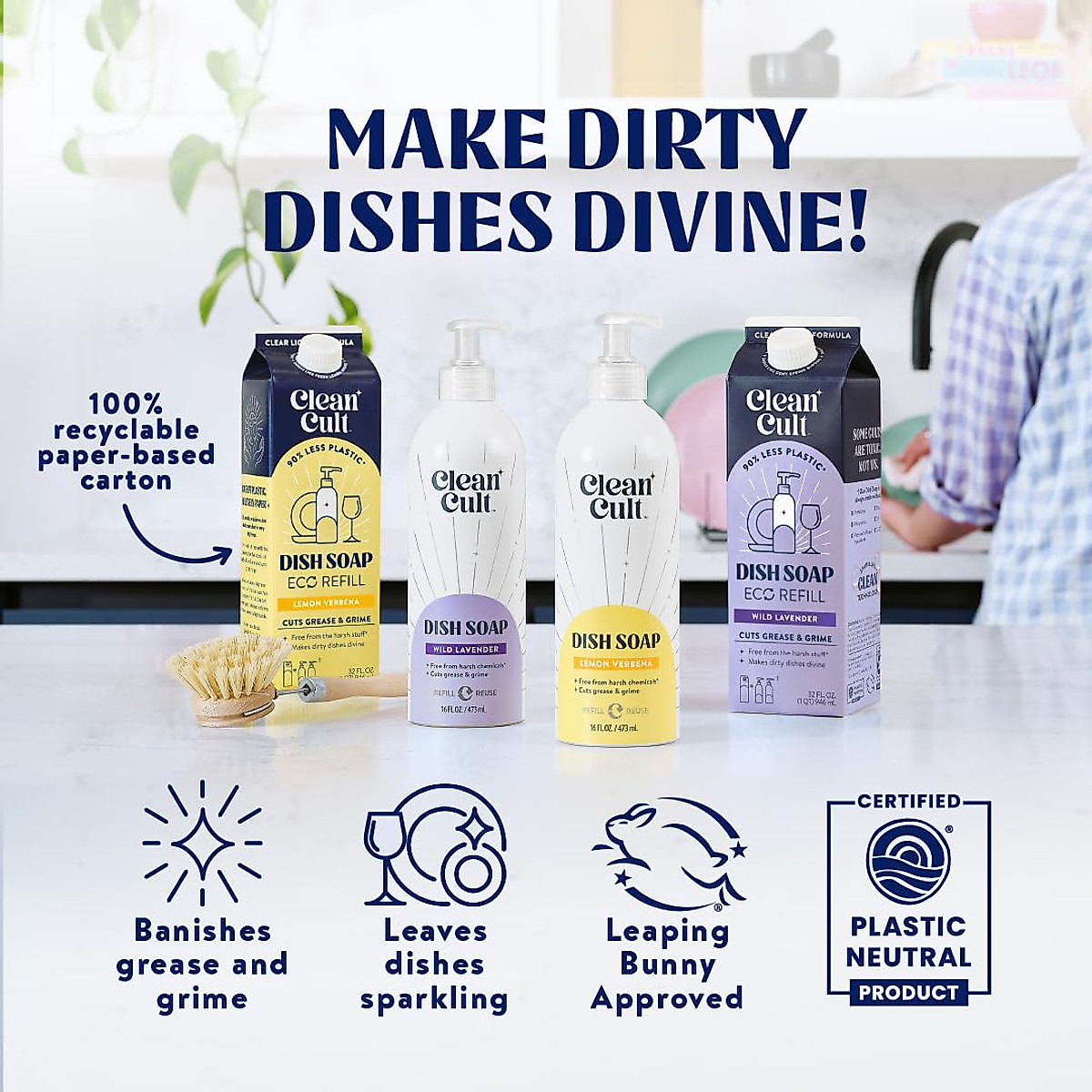 Cleancult Dish Soap Liquid Refills - Plant Based Cleaning Power - Cuts Grease & Grime - Free of Harsh Chemicals - Uses 90% Less Plastic - Lemon Verbena - 32 oz/3 Pack