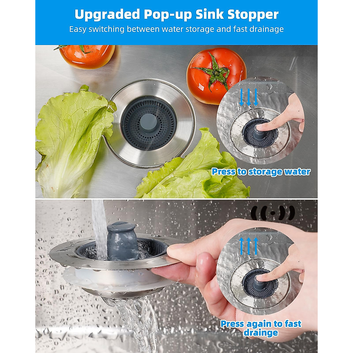 Hibbent Upgraded 3 in 1 Kitchen Sink Drain Strainer and Stopper Combo, Stainless Steel Metal Pop Up Sink Stopper, Anti-Clogging Basket Strainer with Handle for US Standard 3-1/2 Inch Drain