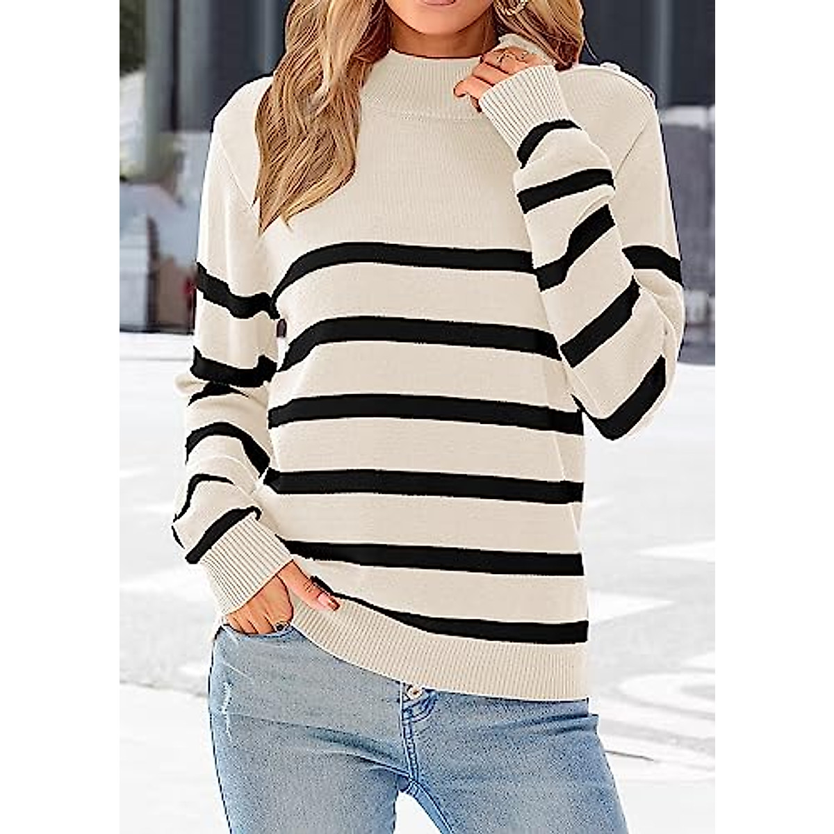KIRUNDO Women's 2023 Fall Winter Long Sleeve Knit Sweater Turtleneck Striped Loose Pullover Tops Deco with Metal Buttons(White, Small)