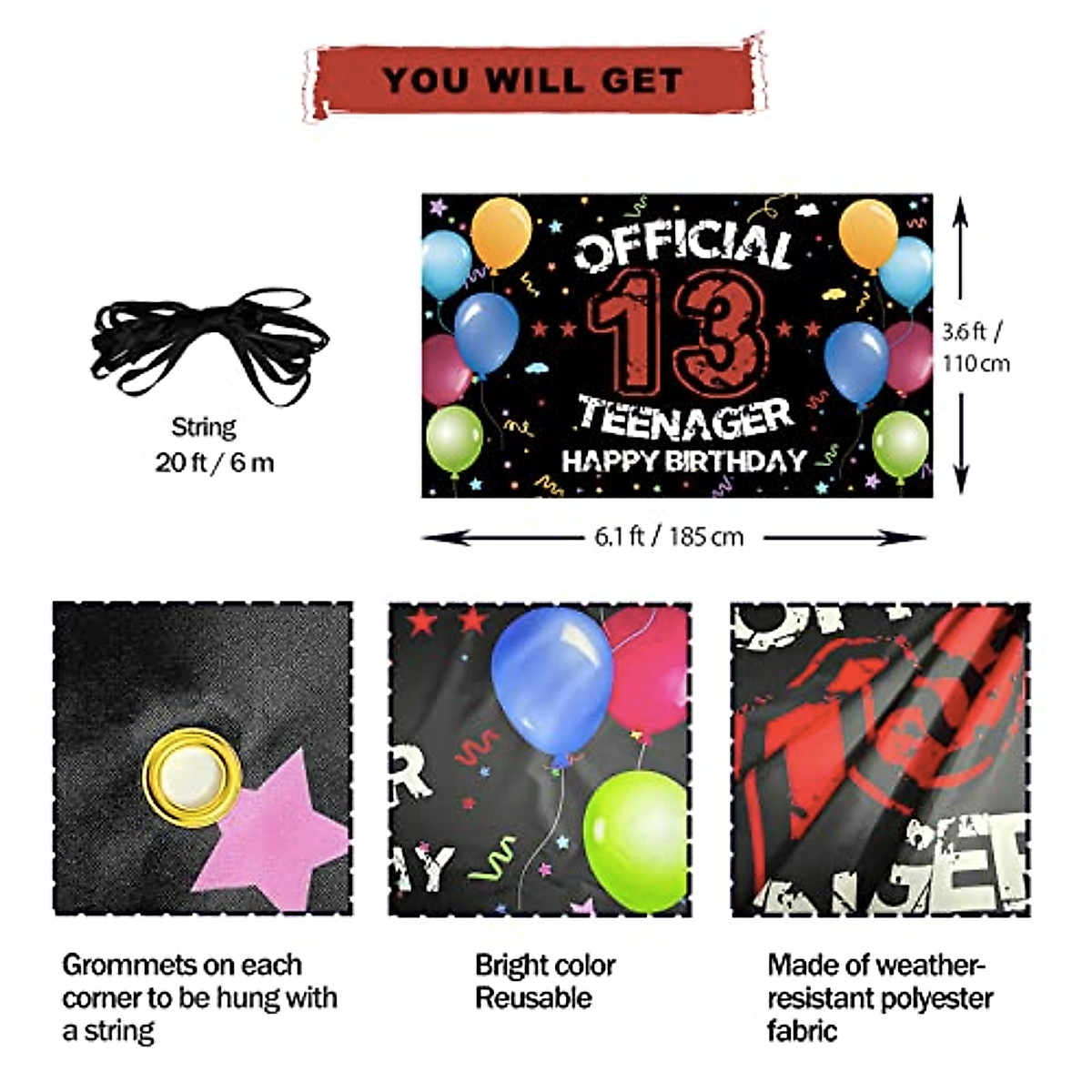 HTDZZI 13th Birthday Decoration for Boys Girls, Happy 13th Birthday Backdrop Banner, Official Teenager 13 Birthday Party Yard Sign, 13 Year Old Birthday Photo Booth Props Decor, Fabric, 6.1ft x 3.6ft