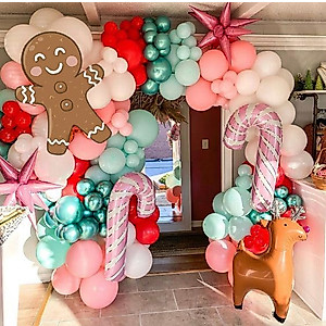 Enanal Pink Christmas Balloon Garland Arch Kit, 146pcs Pastel Pink Green Metallic Red Green Balloons with Candy Cane Gingerbread Foil Balloons for Christmas New Year Party Decoration (Pink)