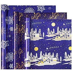 WRAPAHOLIC Christmas Wrapping Paper Roll - Mini Roll - 3 Rolls - 17 Inch x 120 Inch Per Roll - Dark Blue House, Reindeer, Snowflake Holiday Collection with Metallic Foil Shine