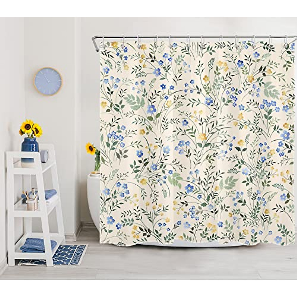 LB Country Wildflower Shower Curtain Decor,Blue and Yellow Floral Green Leaf Plant on Beige Shower Curtain for Bathroom 72X72 inch Polyester Fabric Bathroom Decoration Bath Curtains Hooks Included