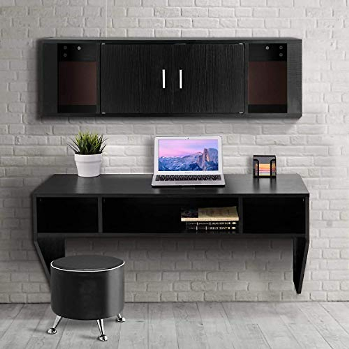WATERJOY Wall Mounted Desk Computer Desk Floating Table, Home Office Working Desk, Wall Mounted Console Workstation Laptop PC Table with Storage Shelves Black