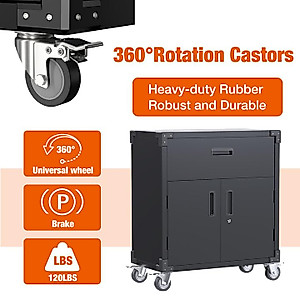 SUPEER Metal Garage Cabinet with Wheels,Mobile Storage Cabinet with 2 Doors & 1 Drawer,Steel Storage Cabinet for Garage,Home,Office,Utility Room- Assembly Required (Black)