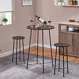 VECELO 3 Piece Round Pub Dining Set, High Top Bar Table and Stools for 2, Bistro Dinette with/Chairs for Small Space, Easy Assembly, Black