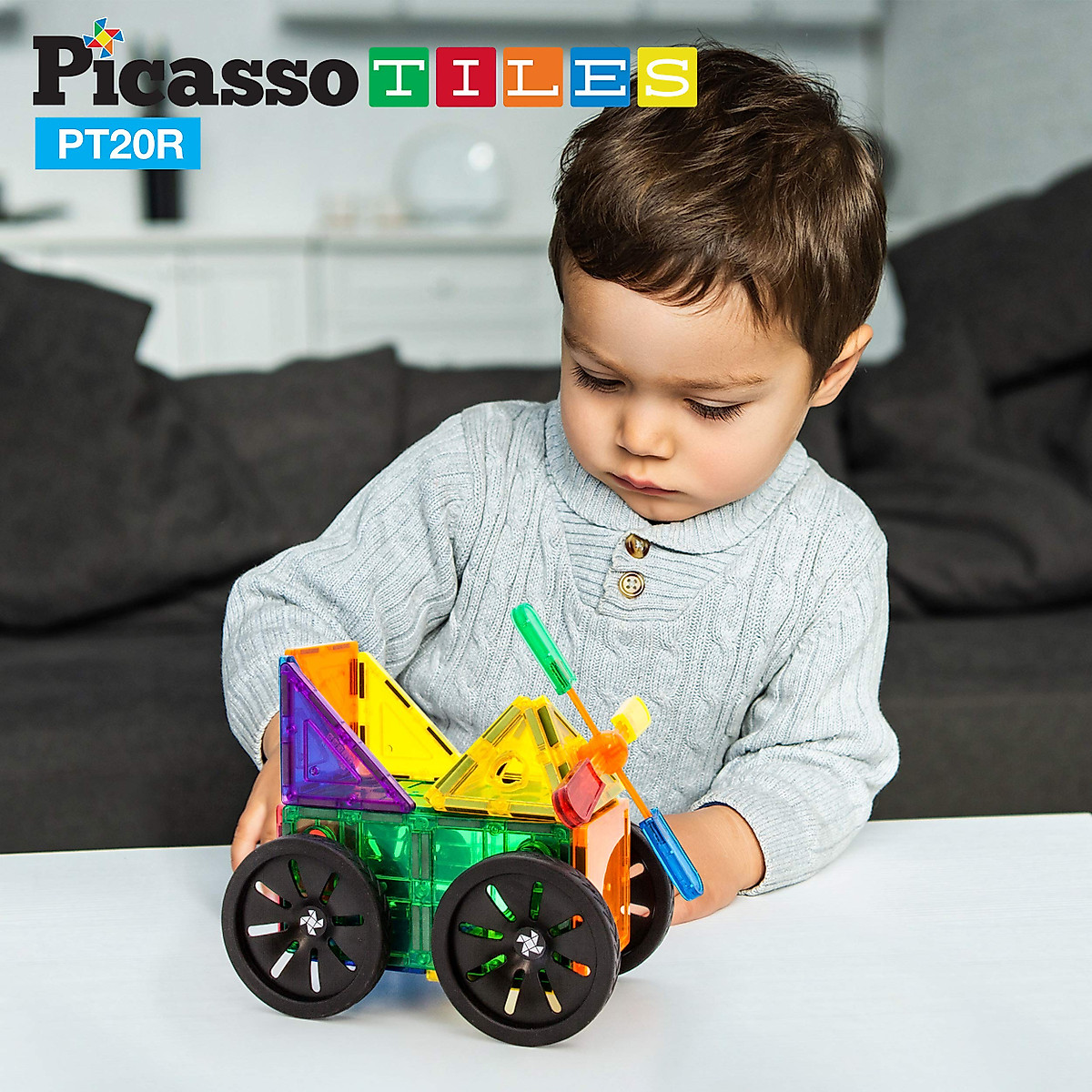 PicassoTiles 20 Piece Magnetic Building Blocks with Detachable Wheels and Windmill Click-in Inserts Magnet Construction Toy Car Set STEM Learning Kit Educational Playset Child Brain Development PT20R