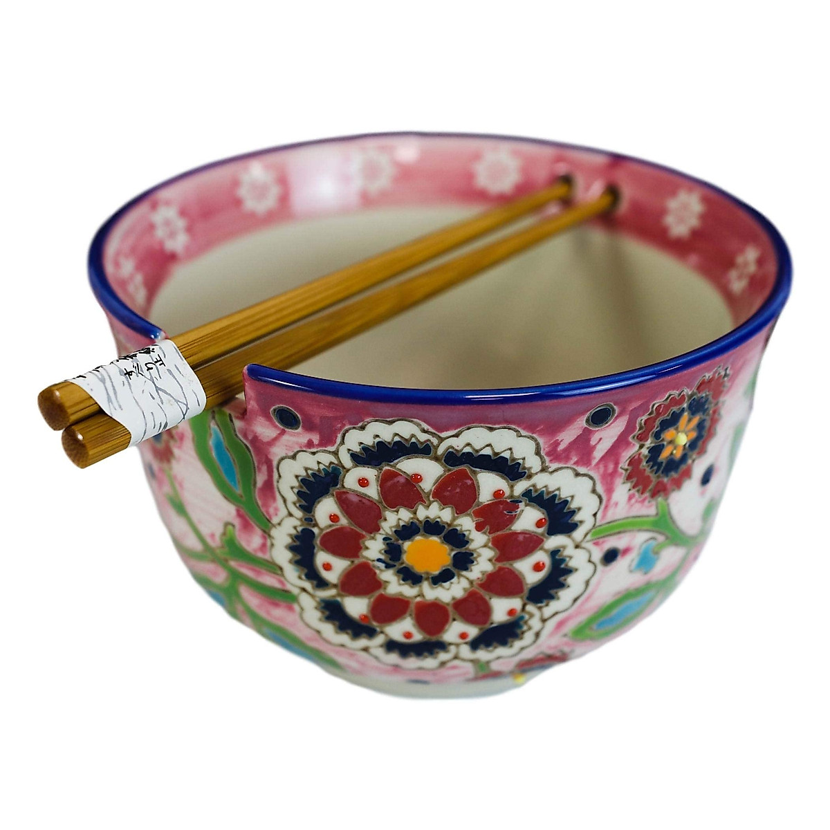 Ebros Mandala Floral Blooms With Pink Polkadot Art Splash Ramen Udon Noodles Large 6.25" Diameter Soup Bowl With Built In Rest and Bamboo Chopsticks Set for Rice Pasta Salad