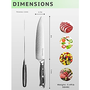 Geschickt Chef knife, Kitchen Knife 8'' with Improved Thicker Handle for Comfort & Balance, Razor Sharp Forged Full Tang Knife, High Carbon Stainless Steel, Ergonomic Design, Grey