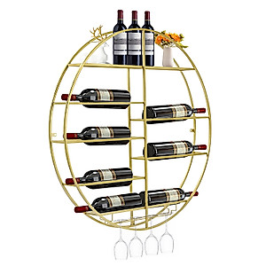 Gdrasuya10 Gold Wall Mounted Wine Racks Modern Metal Hanging Wine Bottle Holder Shelf for 12 Bottles and 4 Glass Cups Round Multipurpose Wine Storage Display Rack for Home Bar Dining Room Kitchen