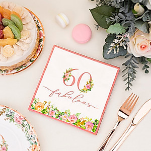 Crisky 60th Birthday Napkins and Plates for Women Rose Gold Floral Party Decoration, 60 and Fabulous Plates and Napkins for Women 60th Birthday.
