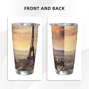 Eiffel Tower and city Tumbler with Lid and Straw 20oz Stainless Steel Car Cup for Hot and Cold Drinks, Double Wall Insulated Travel Coffee Mug Reusable Drink Thermos Cup Birthday Gifts