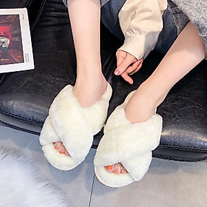 Crazy Lady Women's Fuzzy Fluffy House Slippers Cute Plush Memory Foam Shoes Cross Band Indoor Outdoor Open Toe Sandals(06/White, 7-8)