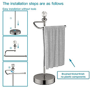ROLABAM Heavy Weighted Hand Towel Holder(with Crystal Ball) Hand Towel Holder Stand Total Height 15.7'' for Kitchen,Bathroom,Vanity and Countertops,Classic Metal fingertip Towel Holder,Brushed Nickel