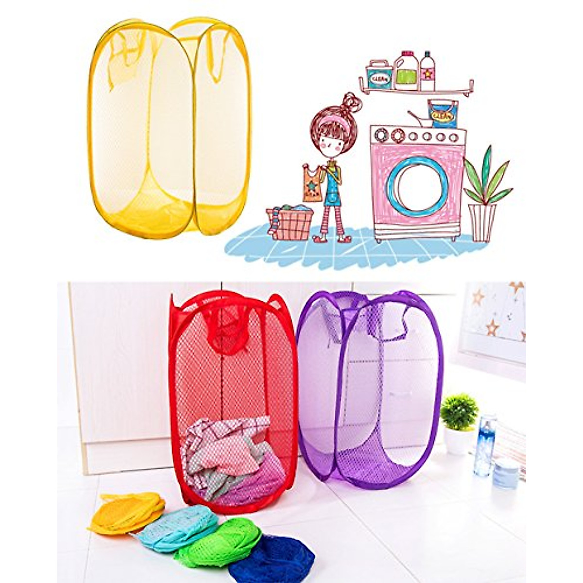 RayLineDo® 6 x Foldable Pop Up Mesh Washing Laundry Basket Hamper Bag Bin Tidy Clothes Storage