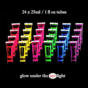 Quiet&Far Body Paint Set with tubes 24 x 25 ml / 1 fl oz Neon Glow in the dark paint face paint Blacklight Reactive Fluorescent Paint Non-Toxic