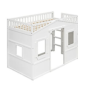 BOVZA Twin Size House Loft Bed, Wooden Bed Frame with Ladder, Kids Playhouse Bed with Window for Girls Boys, White